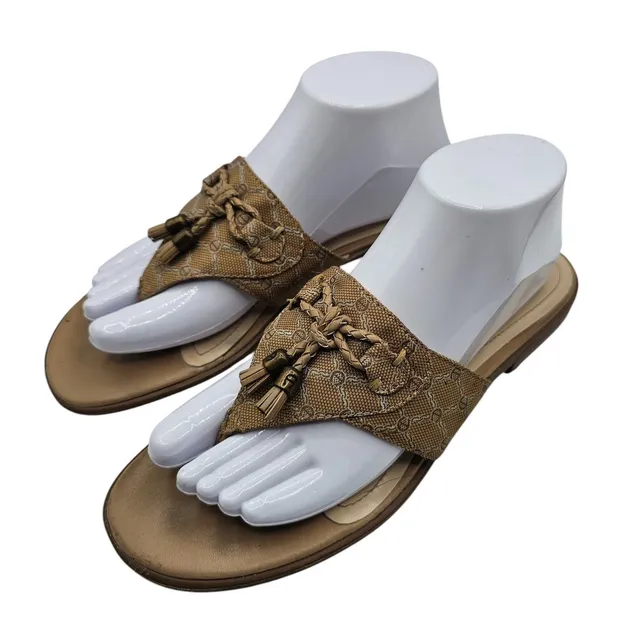 Etienne Aigner Sandals Beige Leather Sz 9 Braided Bow Toggle Flat Thongs